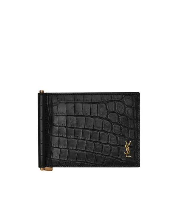 Saint Laurent Tiny Cassandre Bill Clip Wallet In Crocodile-embossed Matte Leather