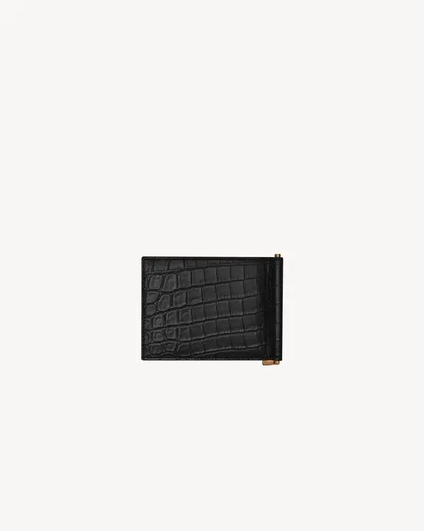 Saint Laurent Tiny Cassandre Bill Clip Wallet In Crocodile-embossed Matte Leather