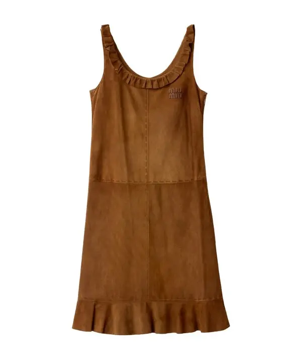 Miu Miu Waxed Suede Dress With Ruffled Neckline And Hem - Cognac