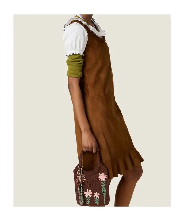 Miu Miu Waxed Suede Dress With Ruffled Neckline And Hem - Cognac