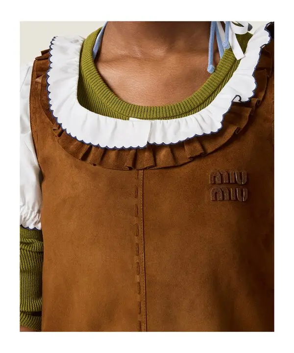 Miu Miu Waxed Suede Dress With Ruffled Neckline And Hem - Cognac