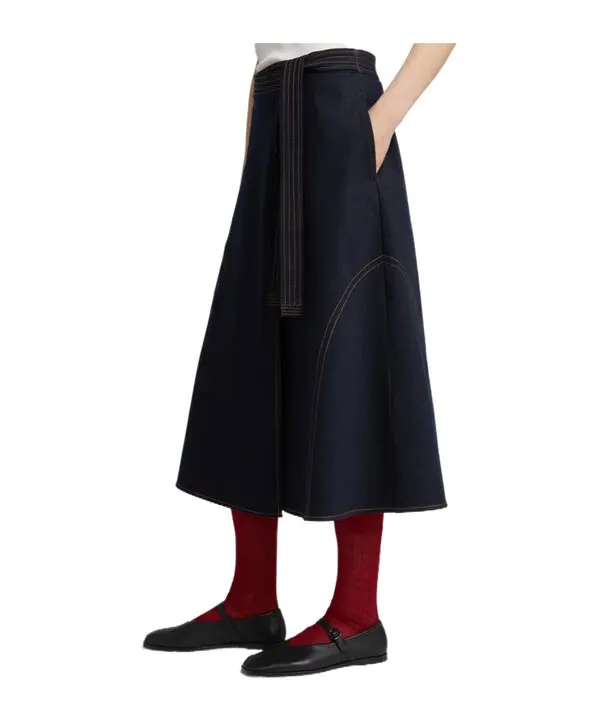 Max Mara Flared Denim Skirt With Tie Detail