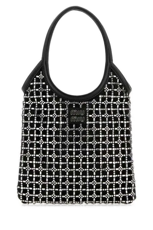 Miu Miu Ivy Satin Handbag With Synthetic Crystals - Black