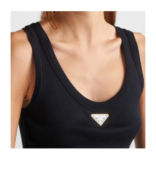 Prada Ribbed Knit Jersey Tank Top With Enameled Logo
