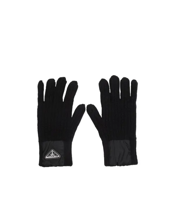 Prada Triangle Logo Ribbed Gloves - Black