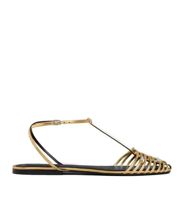 Celine Cage Flat Sandal In Laminated Lambskin - Gold