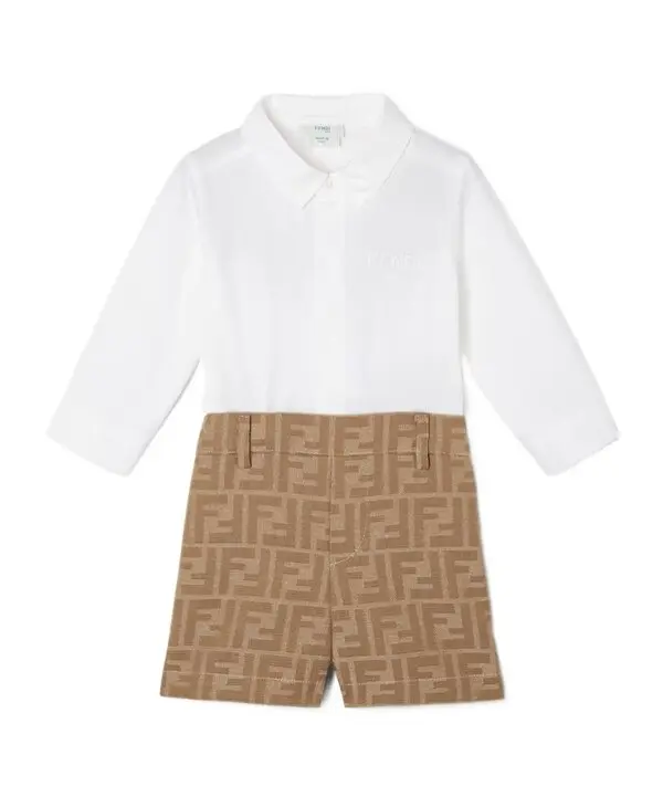 Fendi White Cotton Poplin And Beige Canvas Baby Onesie - Light Brown