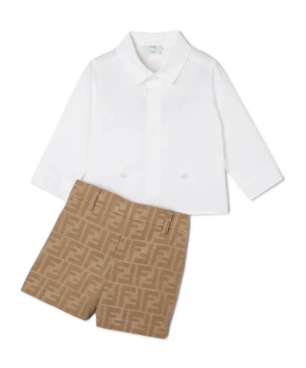 Fendi White Cotton Poplin And Beige Canvas Baby Onesie