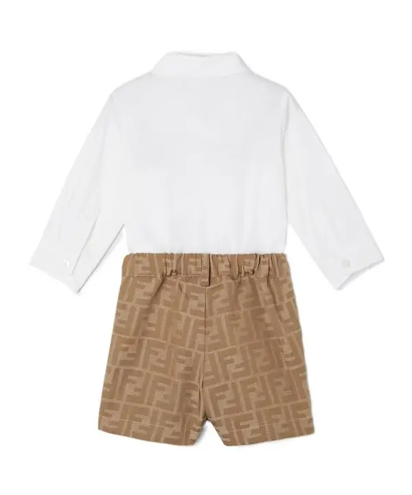 Fendi White Cotton Poplin And Beige Canvas Baby Onesie