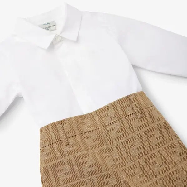 Fendi White Cotton Poplin And Beige Canvas Baby Onesie