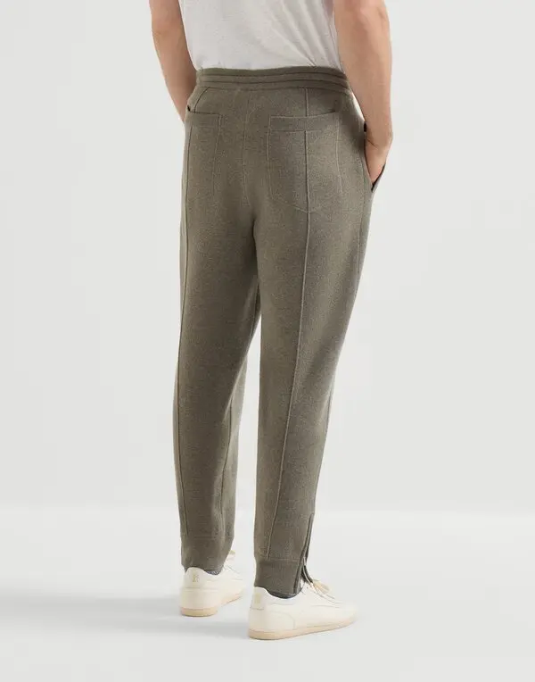 Brunello Cucinelli Cashmere Double Knit Trousers With Crête Detail And Elasticated Zipper Cuffs - Military