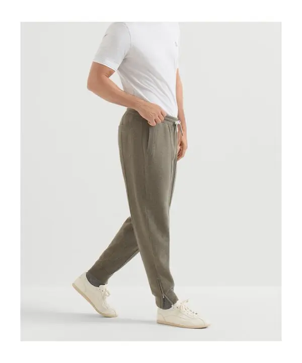 Brunello Cucinelli Cashmere Double Knit Trousers With Crête Detail And Elasticated Zipper Cuffs - Military