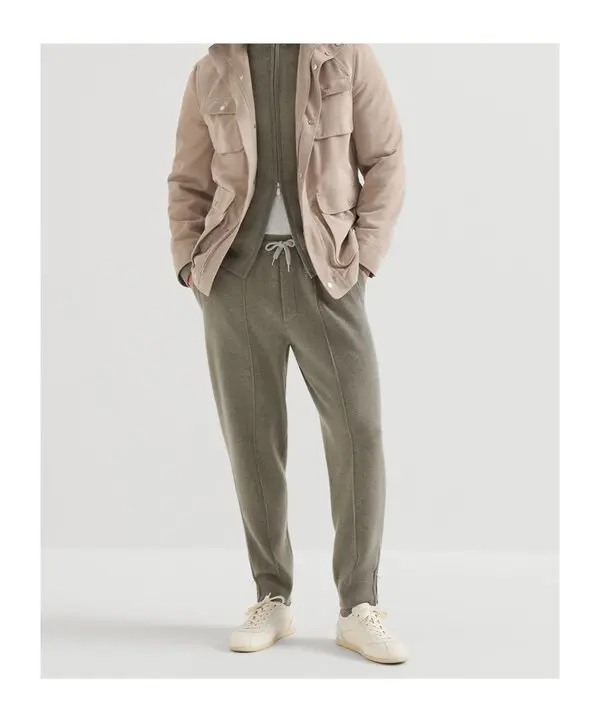 Brunello Cucinelli Cashmere Double Knit Trousers With Crête Detail And Elasticated Zipper Cuffs - Military