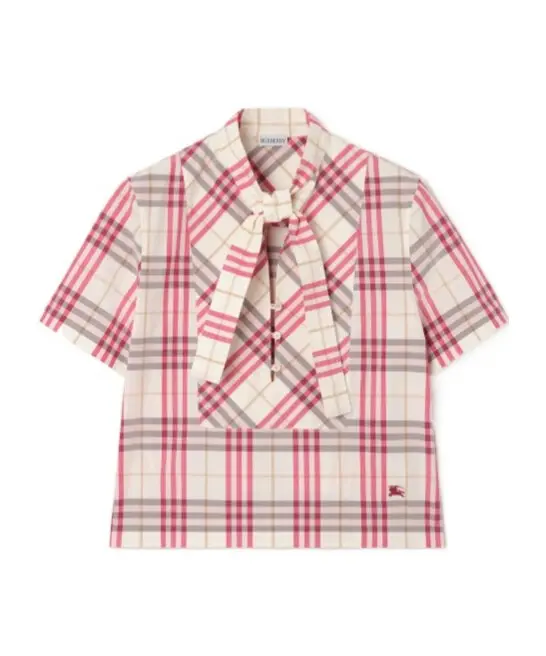 Burberry Cropped Check Cotton Scarf Blouse - Aubergine