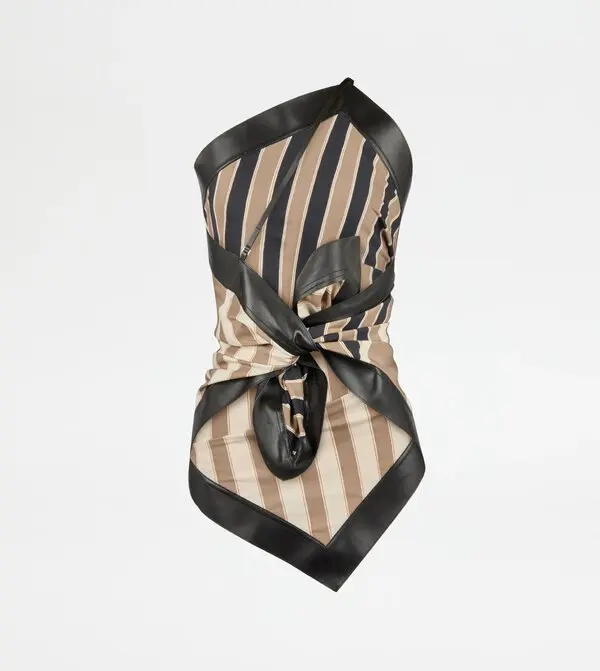 TOD'S Asymmetrical Silk Scarf Top With Leather Trim - Nude