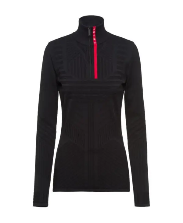 Prada Textured Logo Detail Turtleneck Top - Black