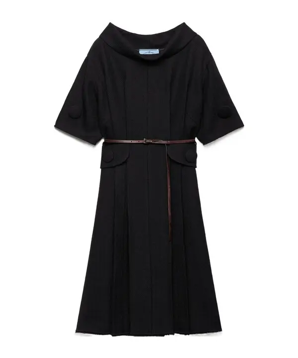 Prada Short-sleeve Chevron Wool Dress With Belt