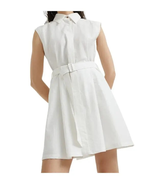 Brunello Cucinelli Embellished Texture Twill Belted Mini Shirt Dress - White