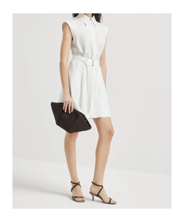 Brunello Cucinelli Embellished Texture Twill Belted Mini Shirt Dress