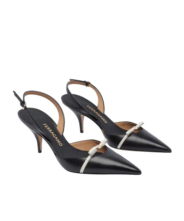 FERRAGAMO Black Leather Slingback Pumps With Bow Detail