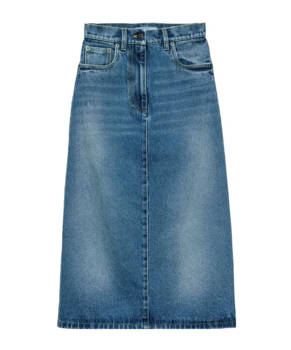 Prada Logo Patch Denim Midi Skirt - Light Blue