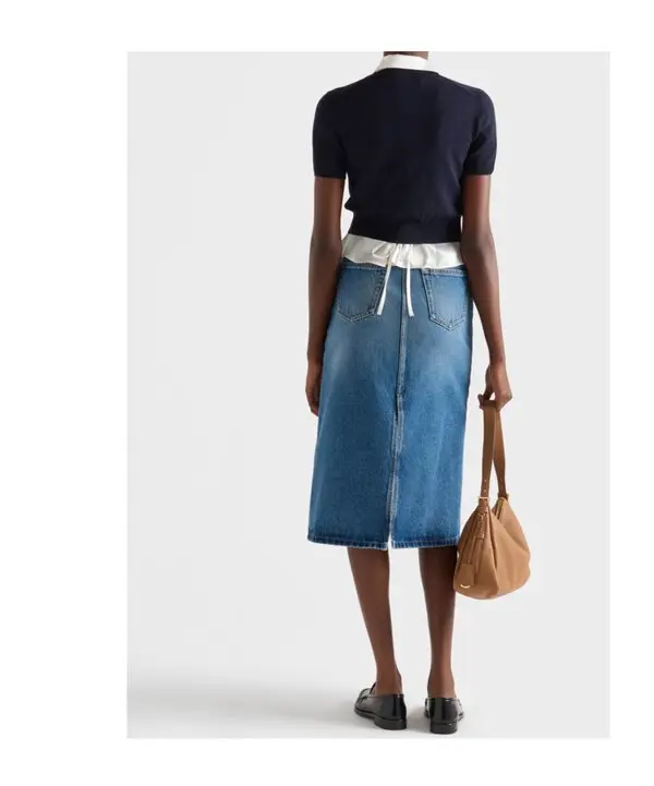 Prada Logo Patch Denim Midi Skirt