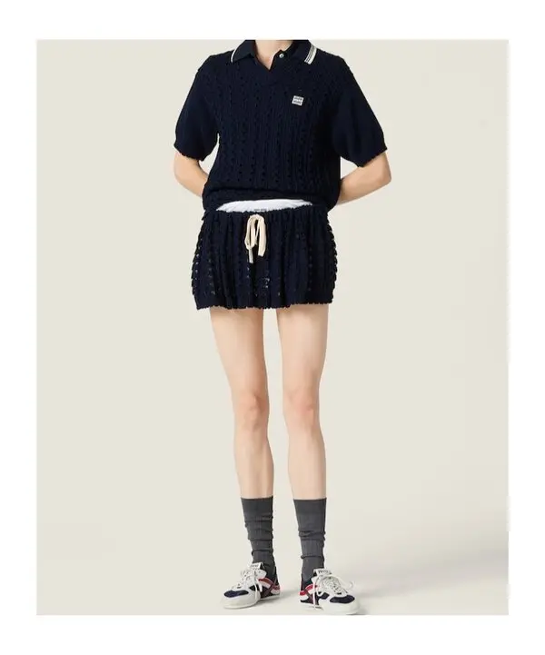 Miu Miu Cotton Mini Skirt With Drawstring And Logo Detail