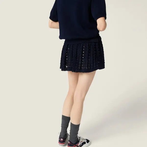 Miu Miu Cotton Mini Skirt With Drawstring And Logo Detail