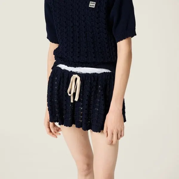 Miu Miu Cotton Mini Skirt With Drawstring And Logo Detail