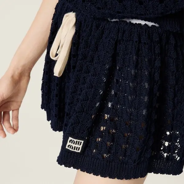 Miu Miu Cotton Mini Skirt With Drawstring And Logo Detail