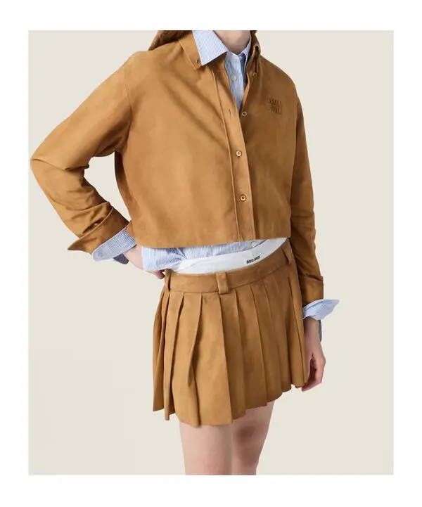 Miu Miu Pleated Waxed Suede Mini Skirt - Brown