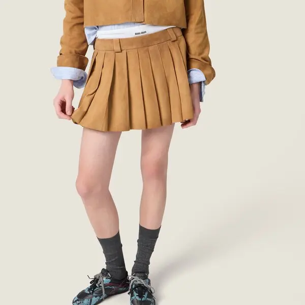 Miu Miu Pleated Waxed Suede Mini Skirt - Brown
