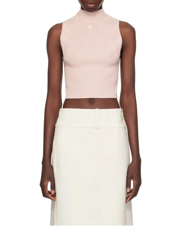 COURREGES Mock Neck Cropped Ribbed Tank Top - Salt Pink