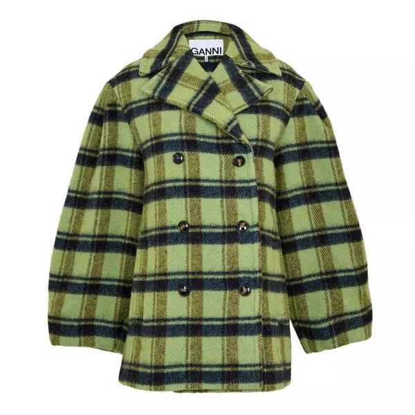 GANNI Brushed Wool Check Teddy Coat - Green