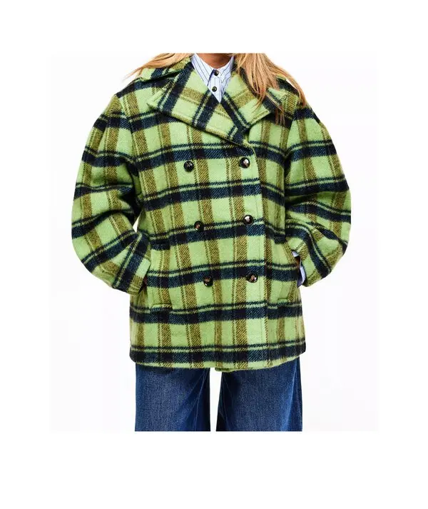 GANNI Brushed Wool Check Teddy Coat - Green