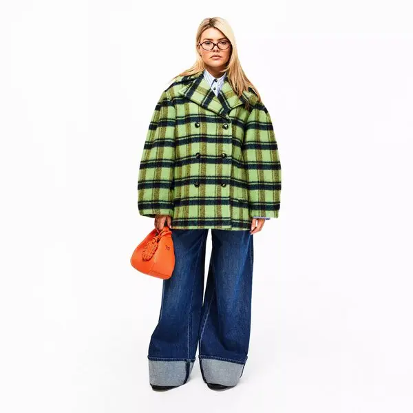 GANNI Brushed Wool Check Teddy Coat - Green