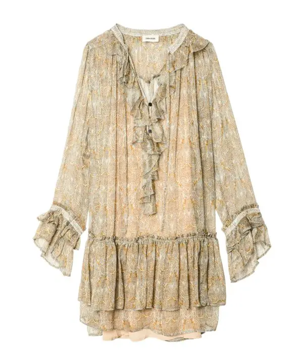 Zadig&Voltaire Long Sleeve Printed Chiffon Mini Dress - Nude