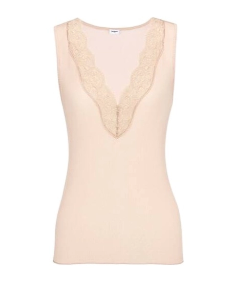 Saint Laurent Ribbed Silk V-neck Lace Trim Tank Top - Nude