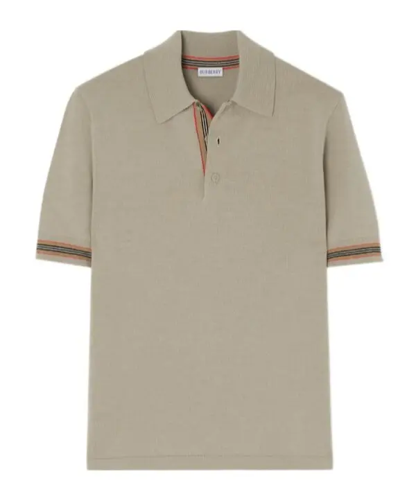 Burberry Icon Stripe Trim Wool Polo Shirt - Moss Beige