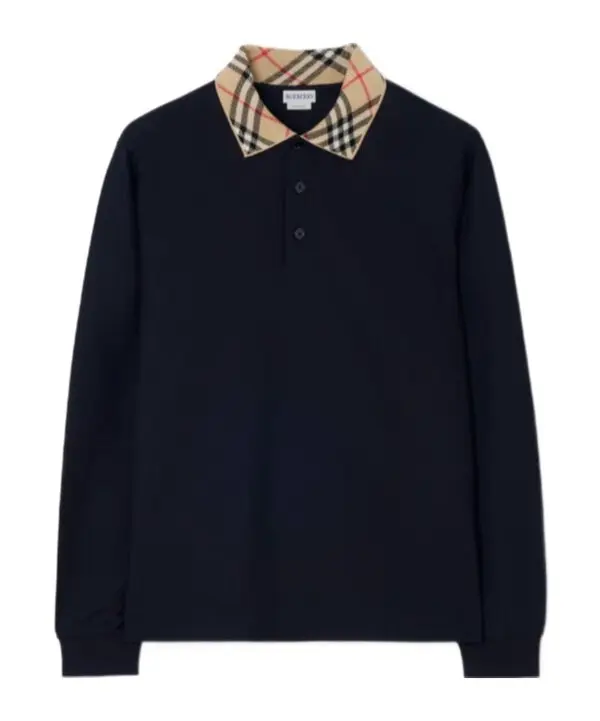 Burberry Long-sleeve Check Collar Cotton Polo Shirt - Navy
