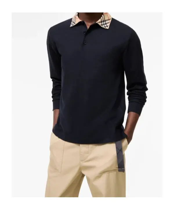 Burberry Long-sleeve Check Collar Cotton Polo Shirt