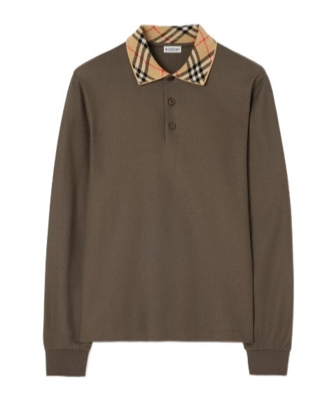 Burberry Long-sleeve Check Collar Cotton Polo Shirt - Tan