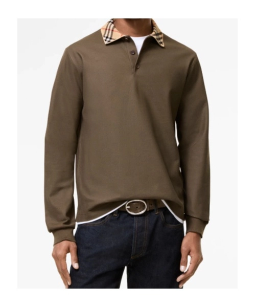 Burberry Long-sleeve Check Collar Cotton Polo Shirt