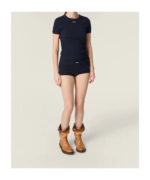 Miu Miu Ribbed Knit Cotton Top With Lace Trim - Navy Blue