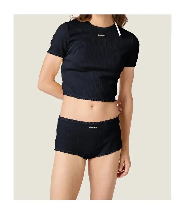 Miu Miu Ribbed Knit Cotton Top With Lace Trim - Navy Blue