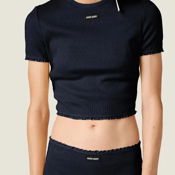Miu Miu Ribbed Knit Cotton Top With Lace Trim - Navy Blue