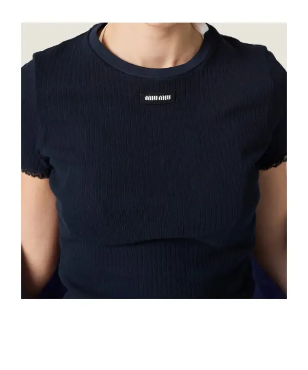 Miu Miu Ribbed Knit Cotton Top With Lace Trim - Navy Blue
