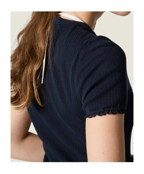 Miu Miu Ribbed Knit Cotton Top With Lace Trim - Navy Blue