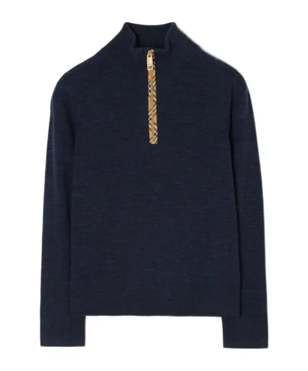 Burberry Check Trim Wool Half-zip Sweater - Deep Navy Blue