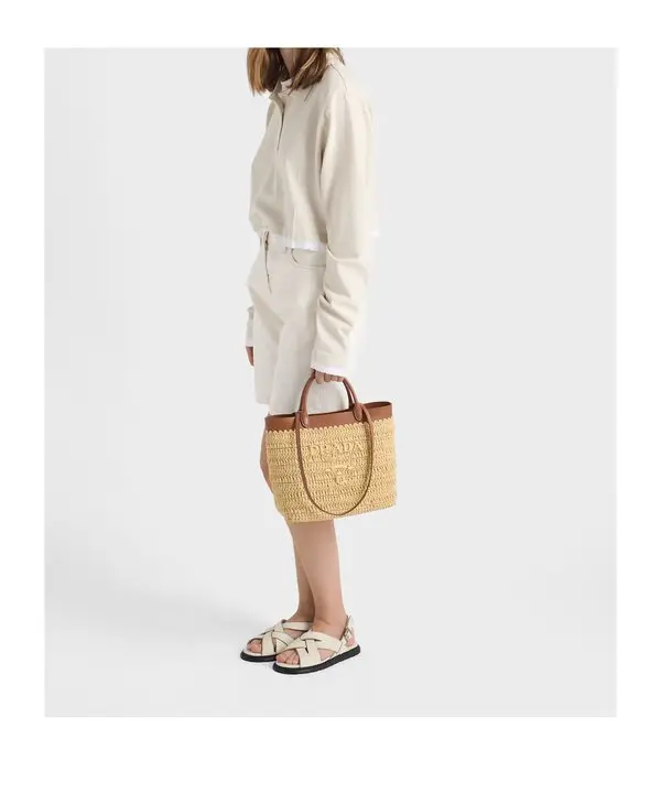 Prada Small Crochet And Leather Tote Bag